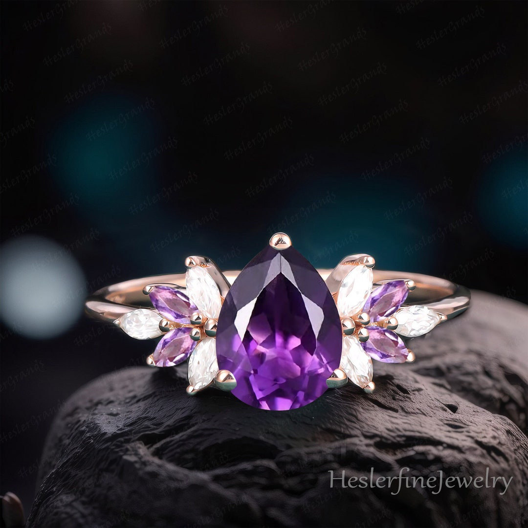 Vintage Pear Shaped Amethyst Engagement Ring Rose Gold Cluster ...