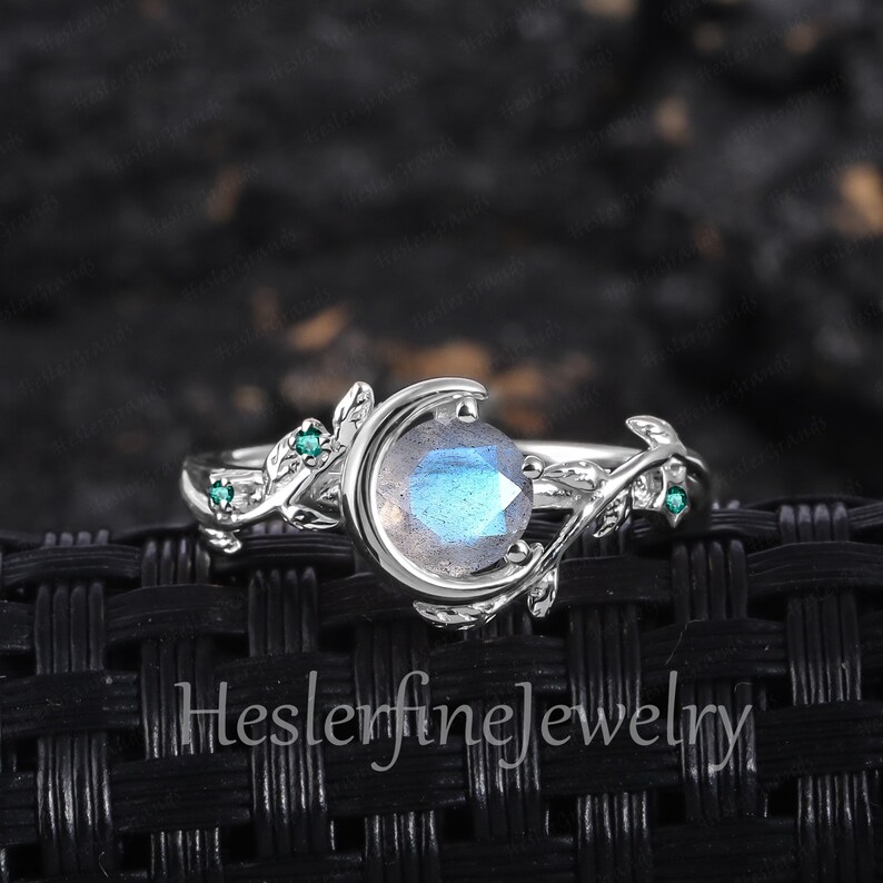 Labradorite Engagement Ring Bridal Sets Rose Gold Moon Design Promise ...