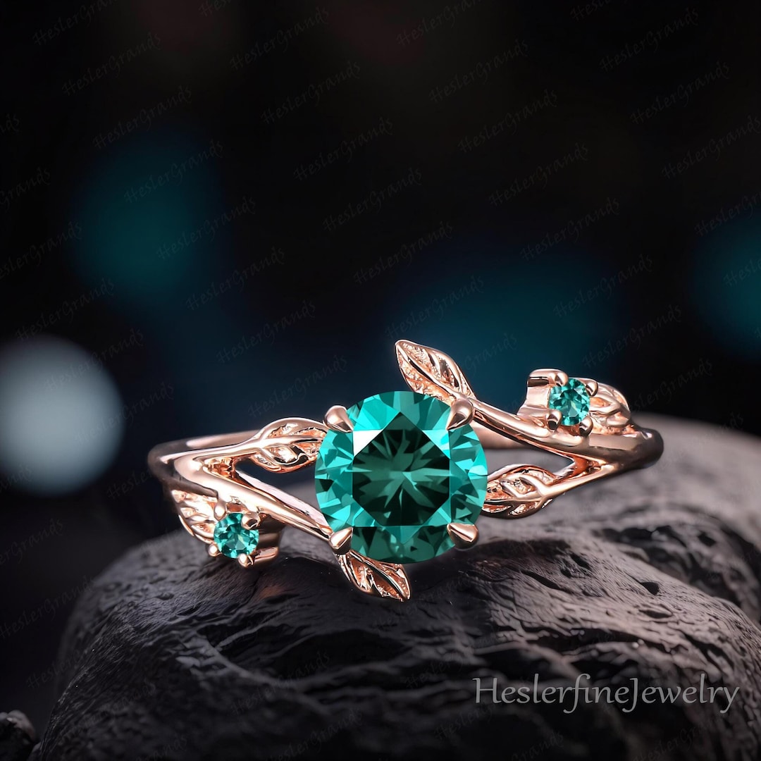 Vintage Emerald Engagement Ring Rose Gold Promise Ring Nature Inspired ...