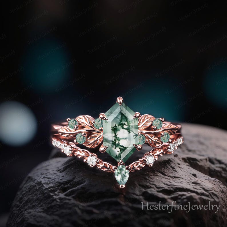 Long Hexagon Cut Moss Agate Engagement Ring Bridal Ring Rose Gold ...