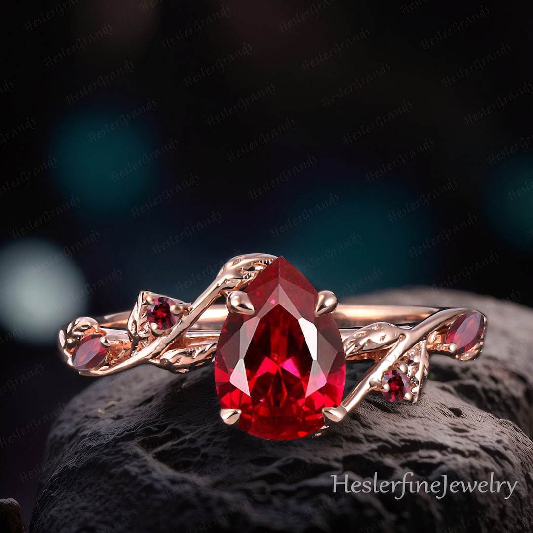 Pear Shaped Ruby Engagement Ring Rose Gold Art Deco Ring Leaf Nature ...