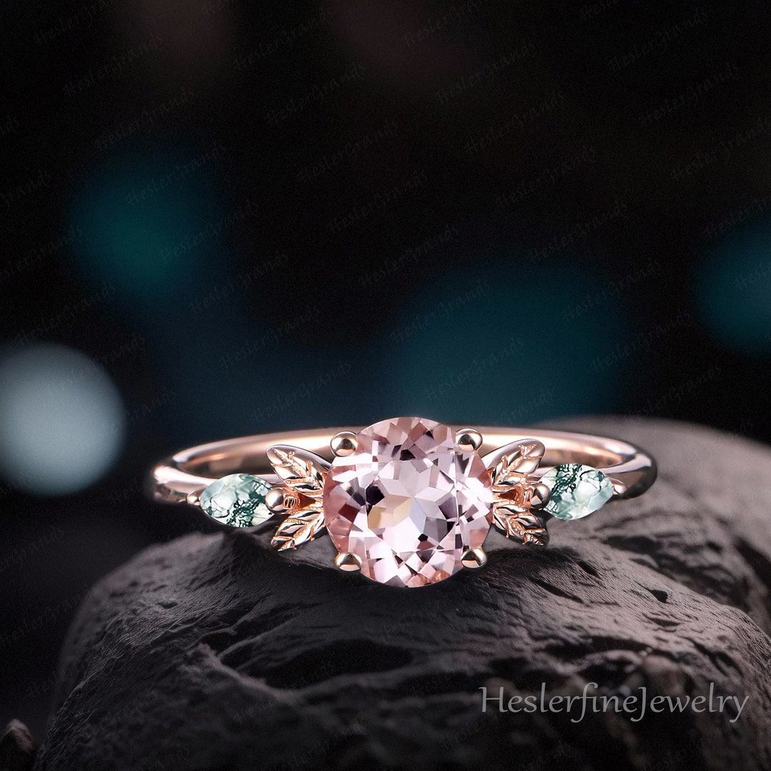 Vintage Morganite Engagement Ring Rose Gold Promise Ring Leaf Nature ...