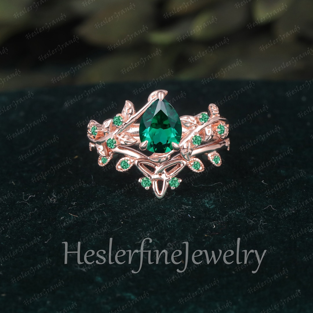 Nature Inspired Emerald Engagement Ring Set Vintage Rose Gold - Etsy
