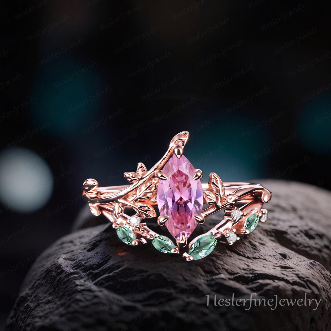 Marquise Cut Pink Sapphire Engagement Ring Sets Art Deco Ring Bridal ...
