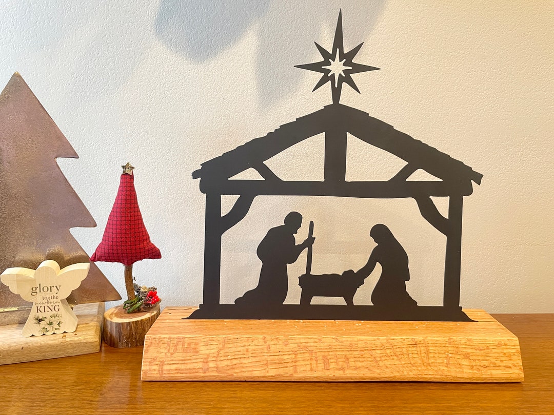 Metal Nativity Interchangeable Christmas Decor, Reclaimed Hardwood Base ...