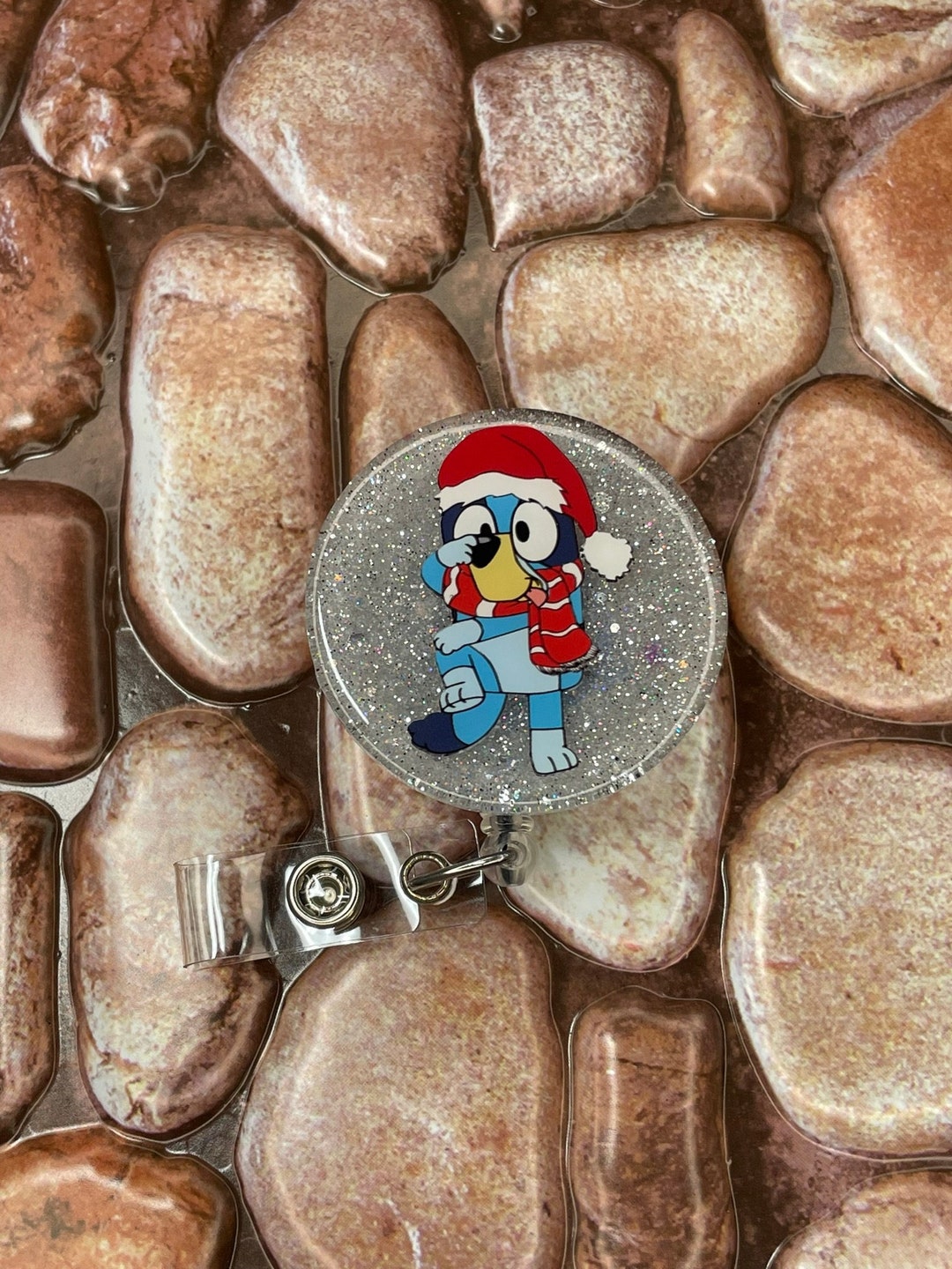 Christmas Bluey Inspired Badge Reel Interchangeable Face Acrylic Beaded ...