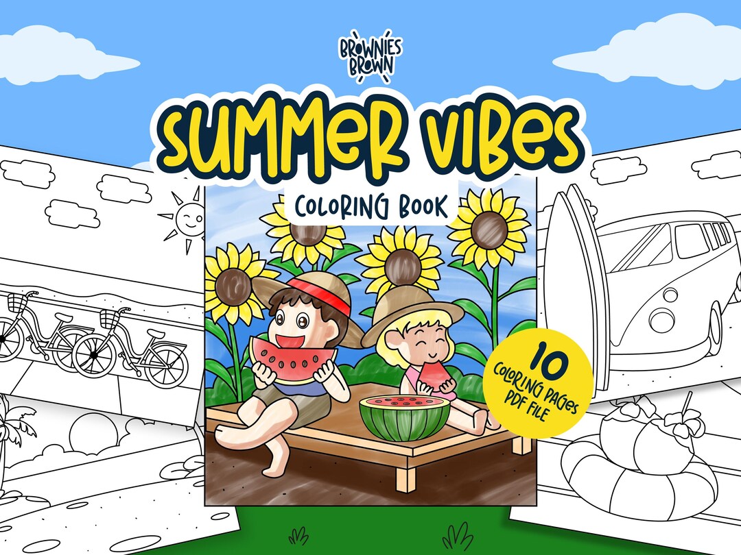 Summer Vibes Coloring Book, Printable Drawing Digital Download PDF, 10 ...
