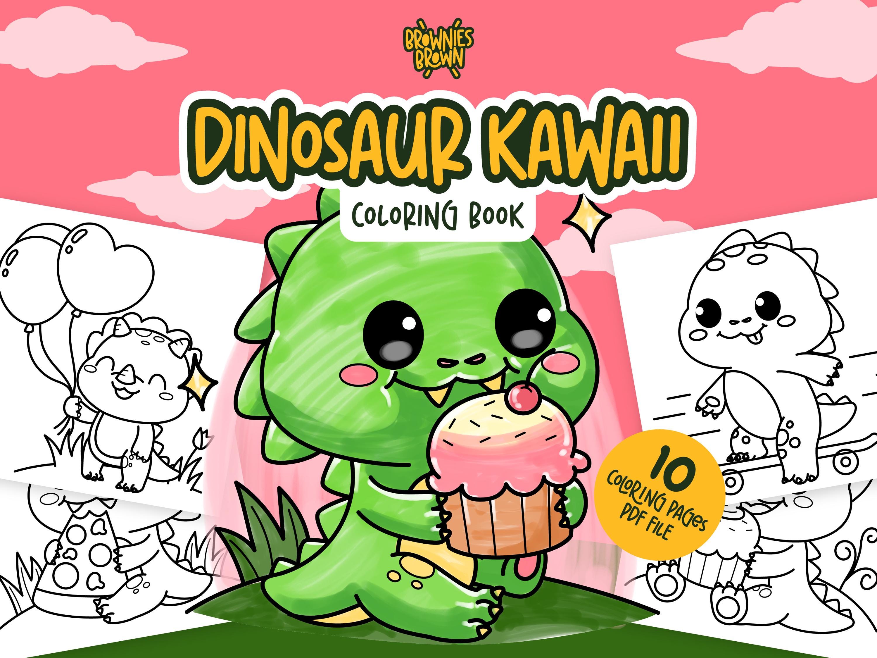 Cute Dinosaur Kawaii Coloring Book, Printable Drawing Digital Download ...