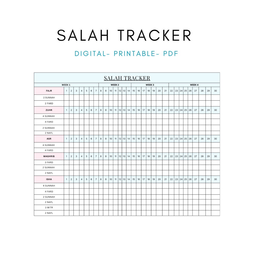 Salah Tracker, Muslim Prayer Tracker, Monthly, Daily Salah Tracker ...