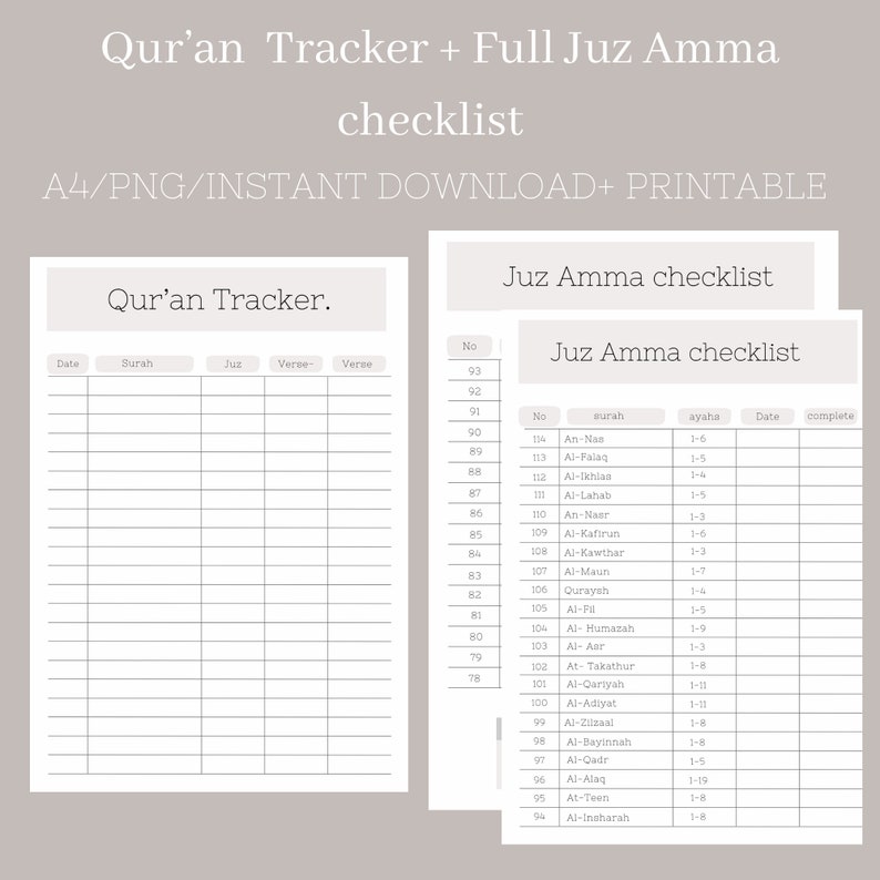 Quran Tracker + Part 30|juz Amma Checklist| Daily Reading Log ...