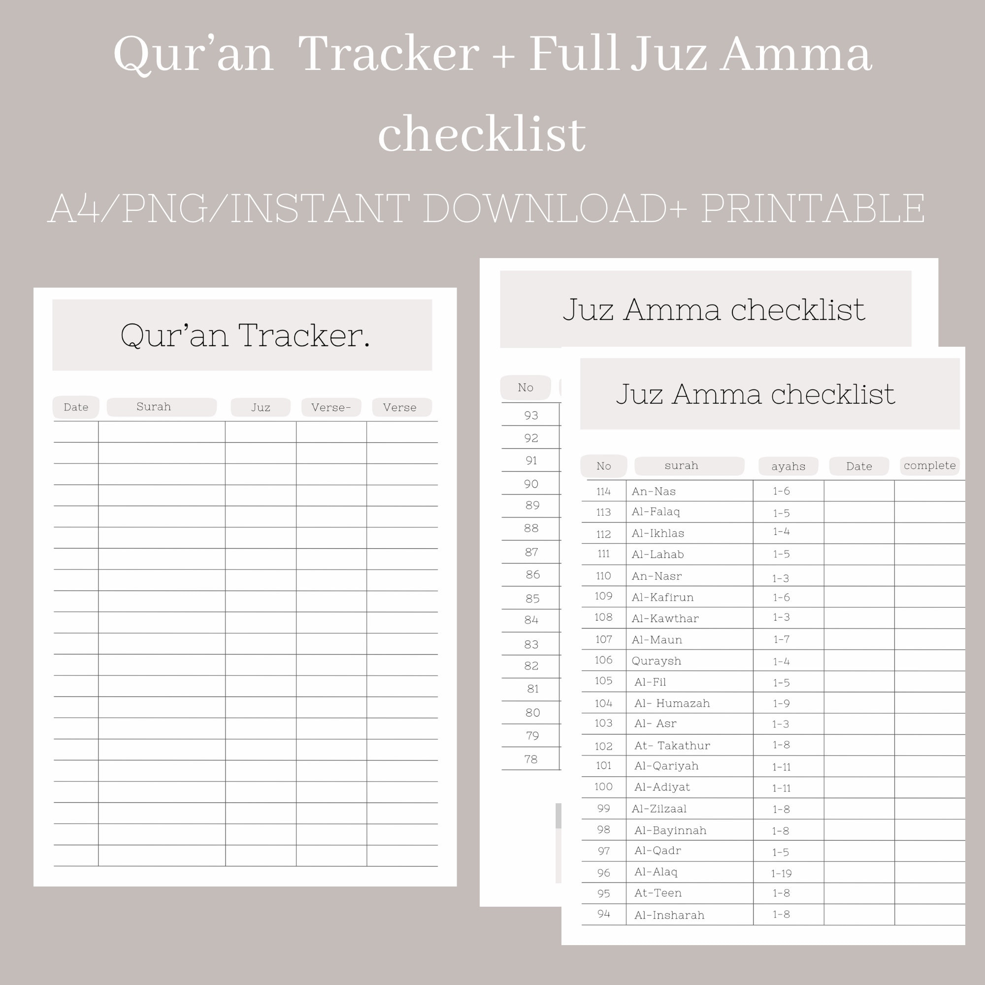 Quran Tracker + Part 30|juz Amma Checklist| Daily Reading Log ...
