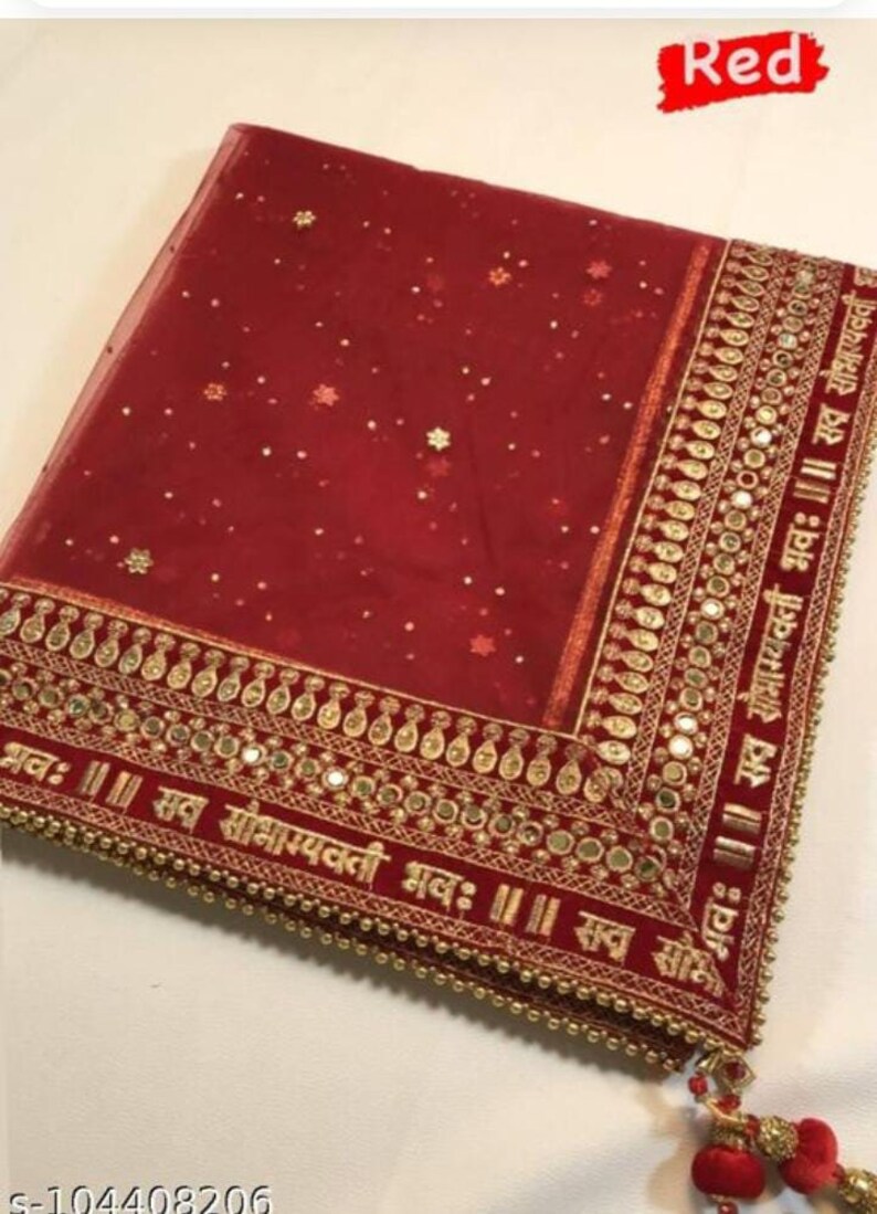 Red Indian Wedding Dupatta Long Net Embroidered Scarf Punjabi Dress ...