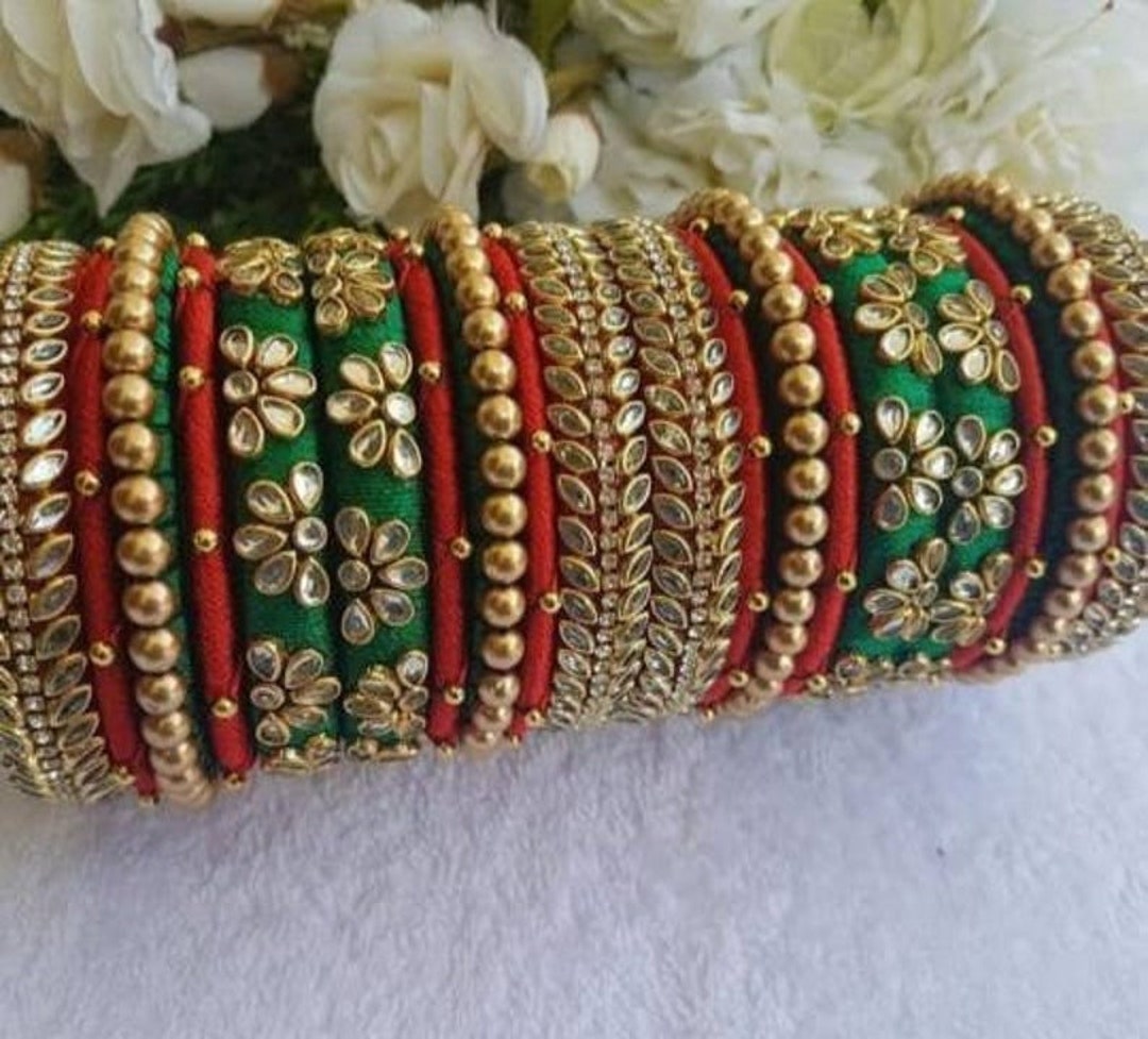 Maroon Color and Deep Green Color Silk Thread Kundan Meena Bangles ...