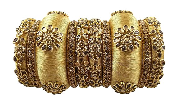 Golden Color Silk Thread Bangles Indian Pakistani Wedding Bangles Golden Kundan Work Jewelry Traditional Indian Gift Bridal Mayun Jewelry Etsy