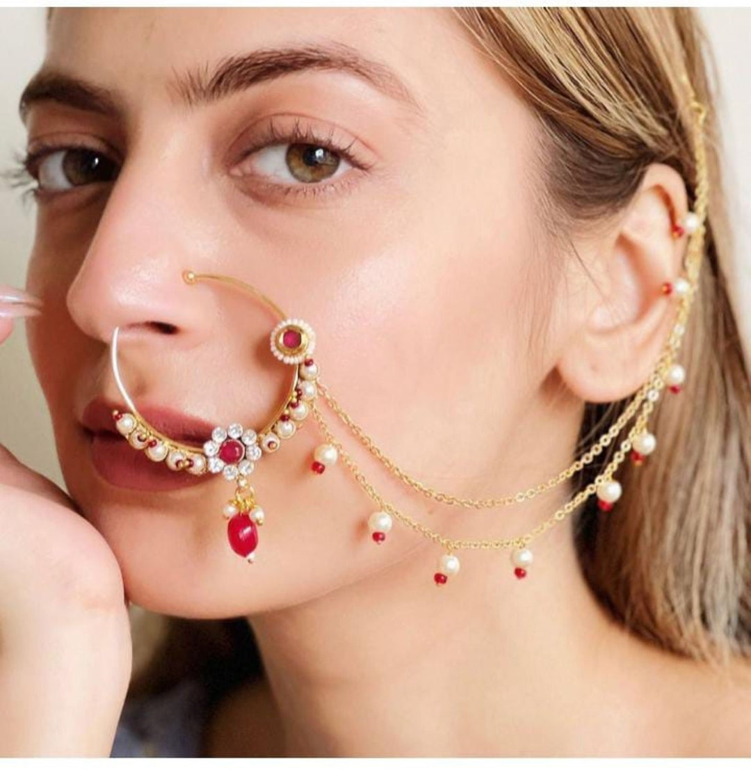 Indian Traditional Nath Bridal Jewelry, Nose Pins, Bridal Nose Clips, Big Nose Ring, Indian ...