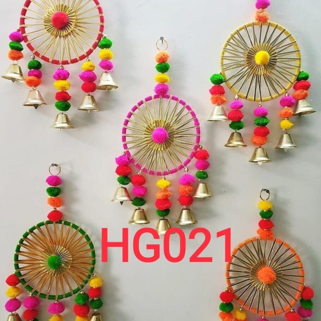 5 Pecs. Pom Pom Wall Hanging, Door Valence, Indian Toran, Pearl Tassel ...