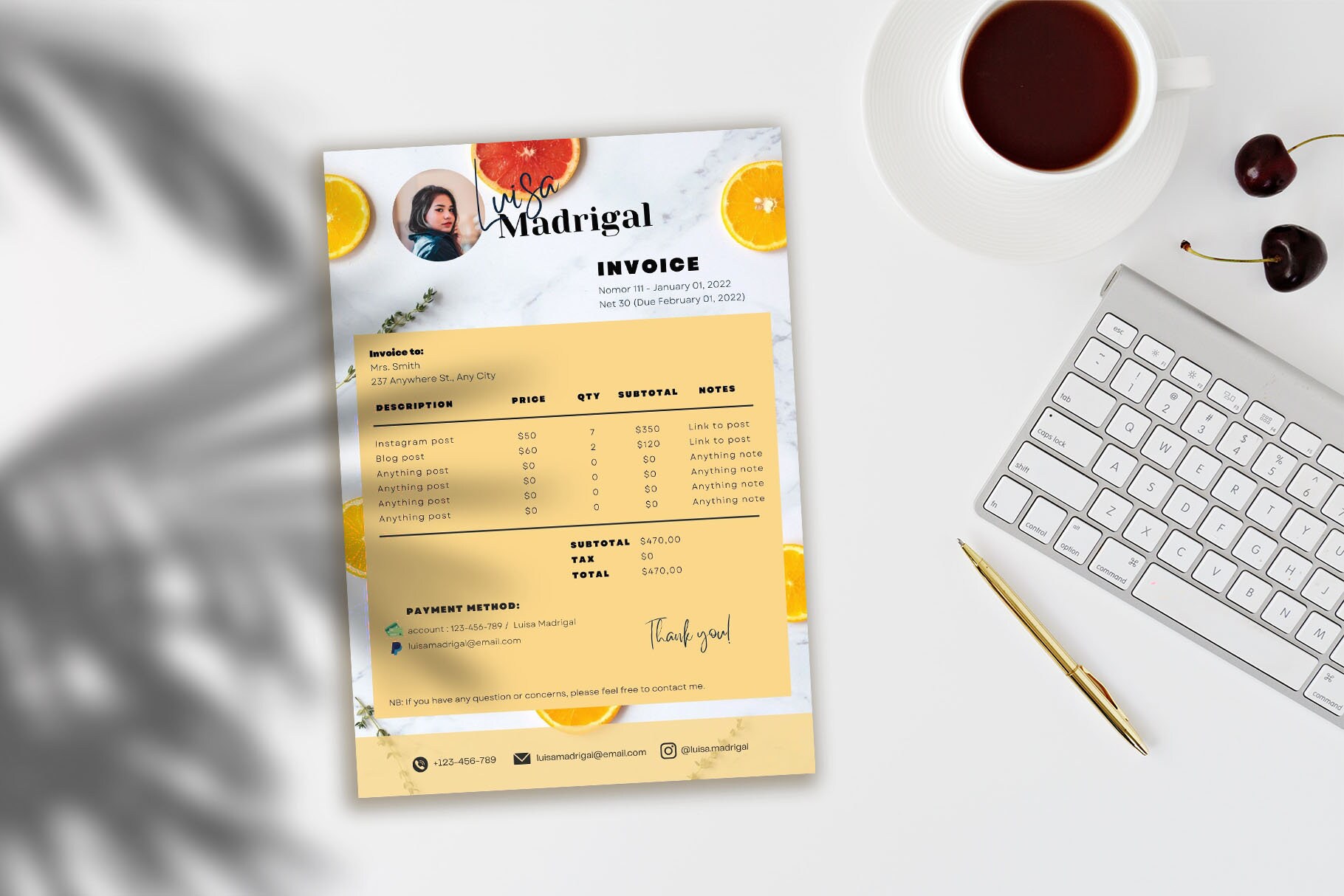 Invoice Template for Influencers & Bloggers. Editable Canva Template ...