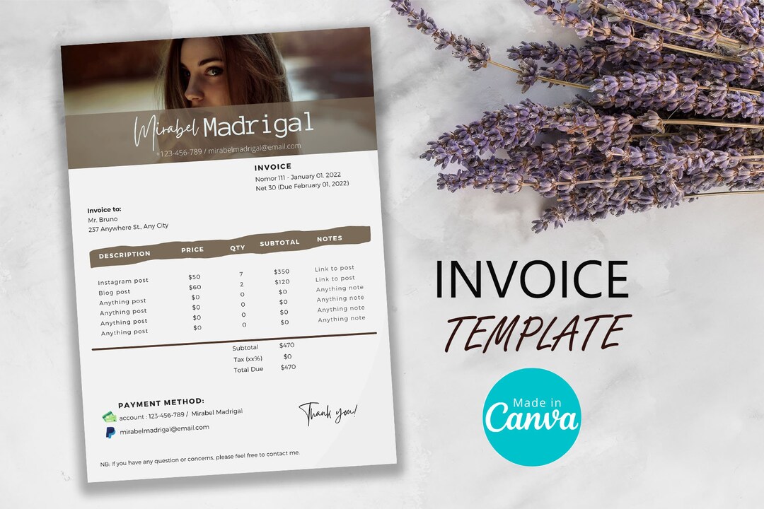 Invoice Template for Influencers & Bloggers. Editable Canva Template ...