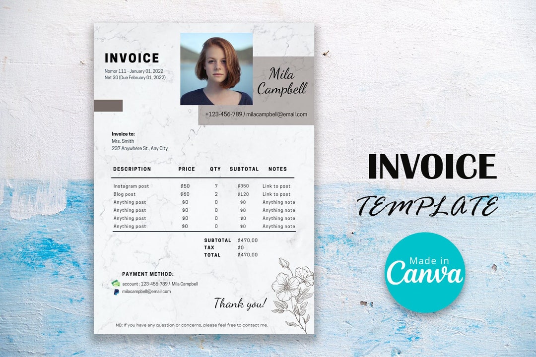 Invoice Template for Influencers & Bloggers. Editable Canva Template ...