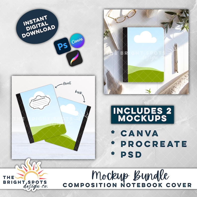 Composition Notebook Mockup Bundle: Canva, Procreate, PSD (digital ...