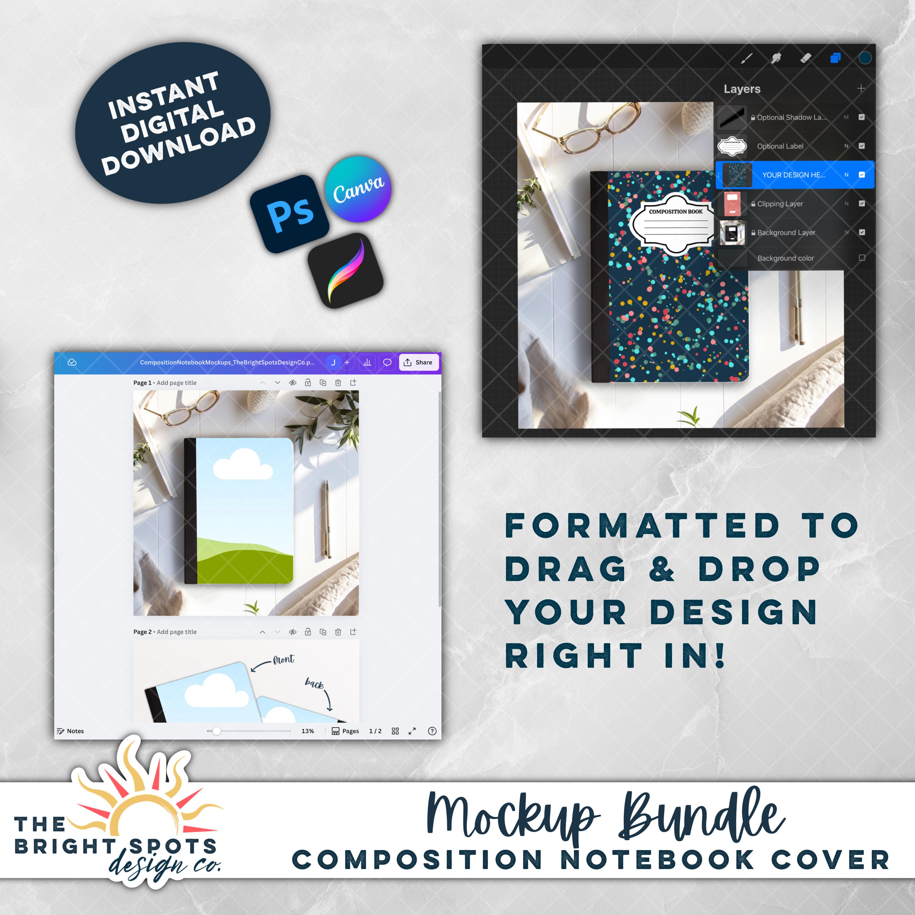 Composition Notebook Mockup Bundle: Canva, Procreate, PSD (digital ...