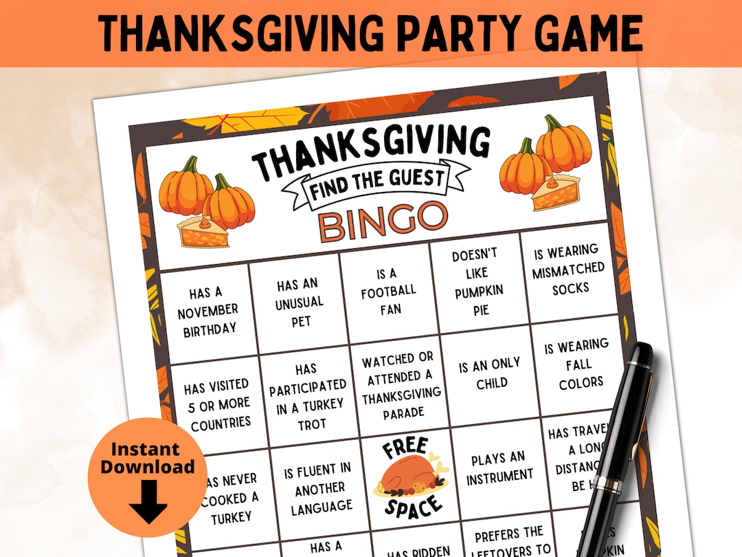 Thanksgiving Find the Guest BINGO | Human Scavenger Hunt Party Game ...