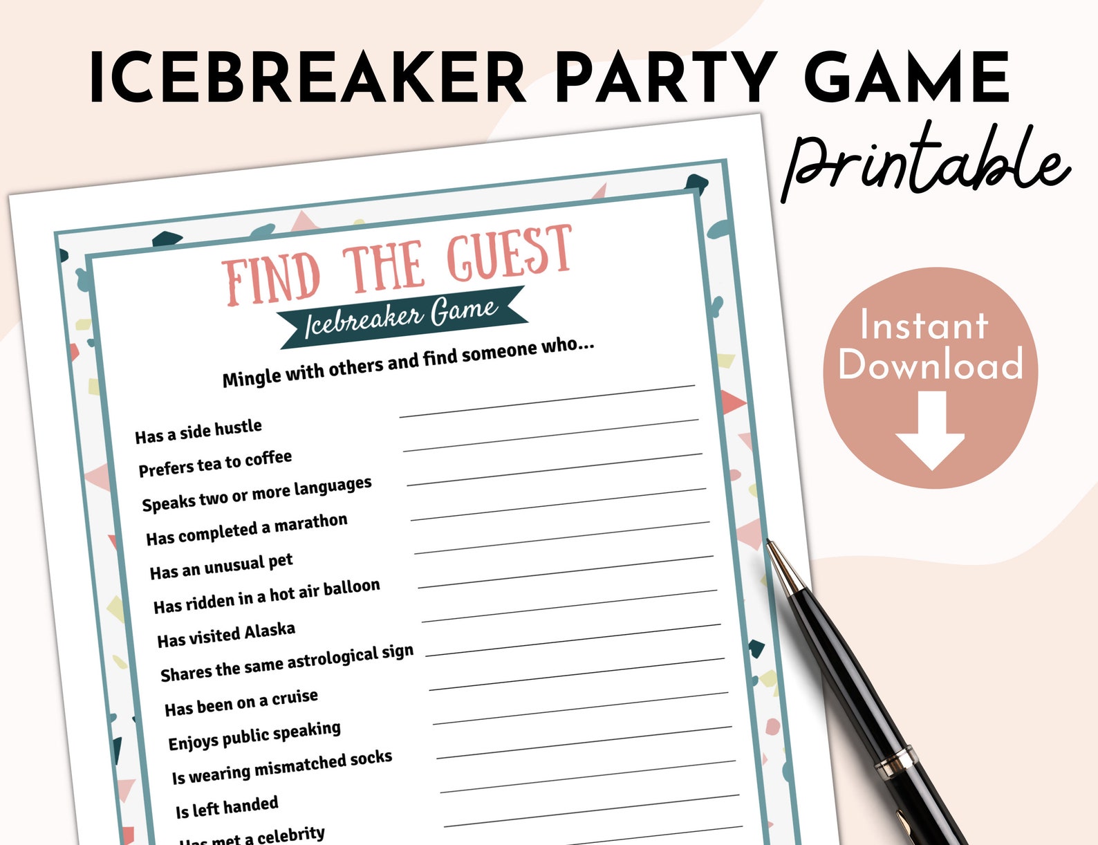 Find the Guest Human Scavenger Hunt | Icebreaker Party Game Printable ...