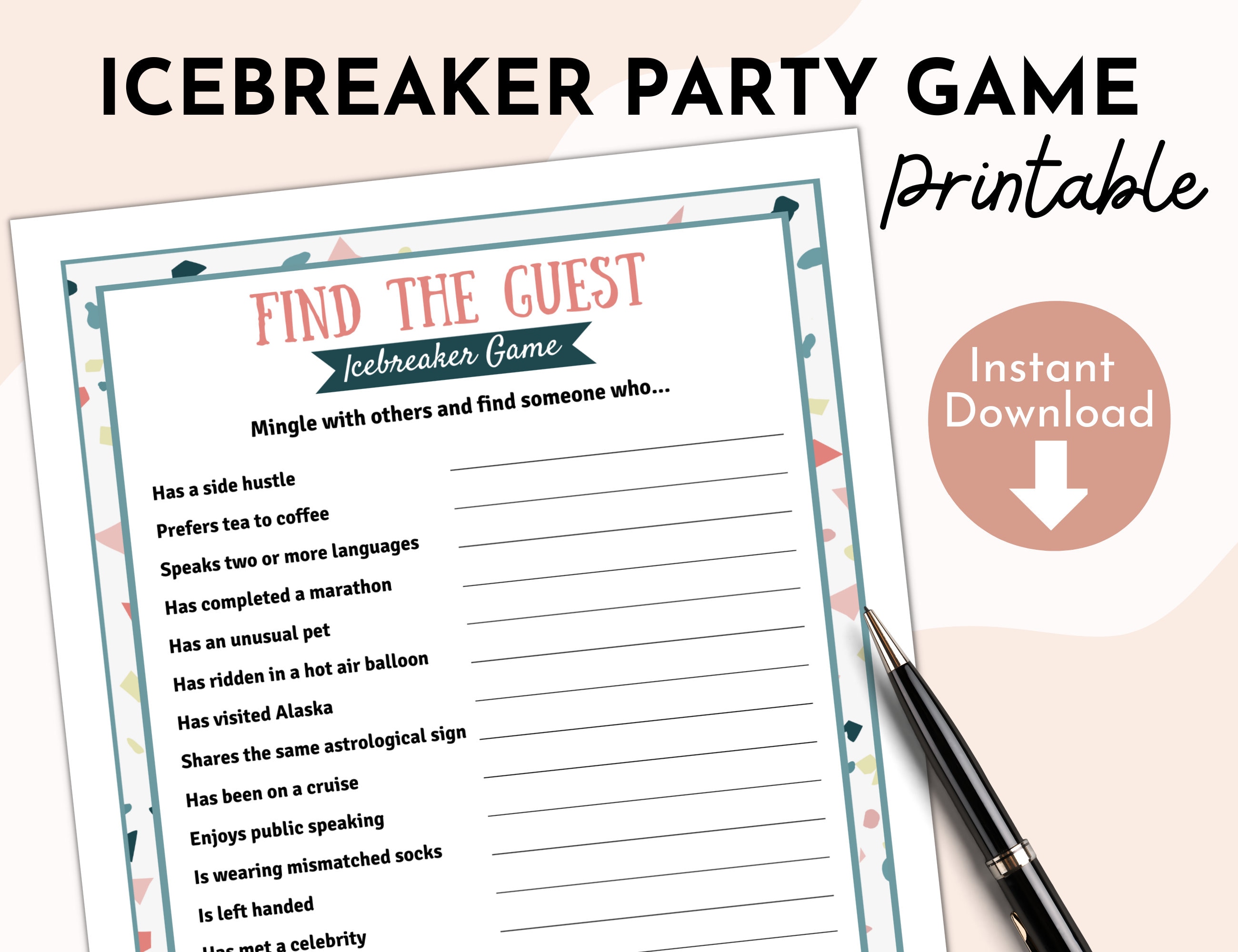 Find the Guest Human Scavenger Hunt | Icebreaker Party Game Printable ...