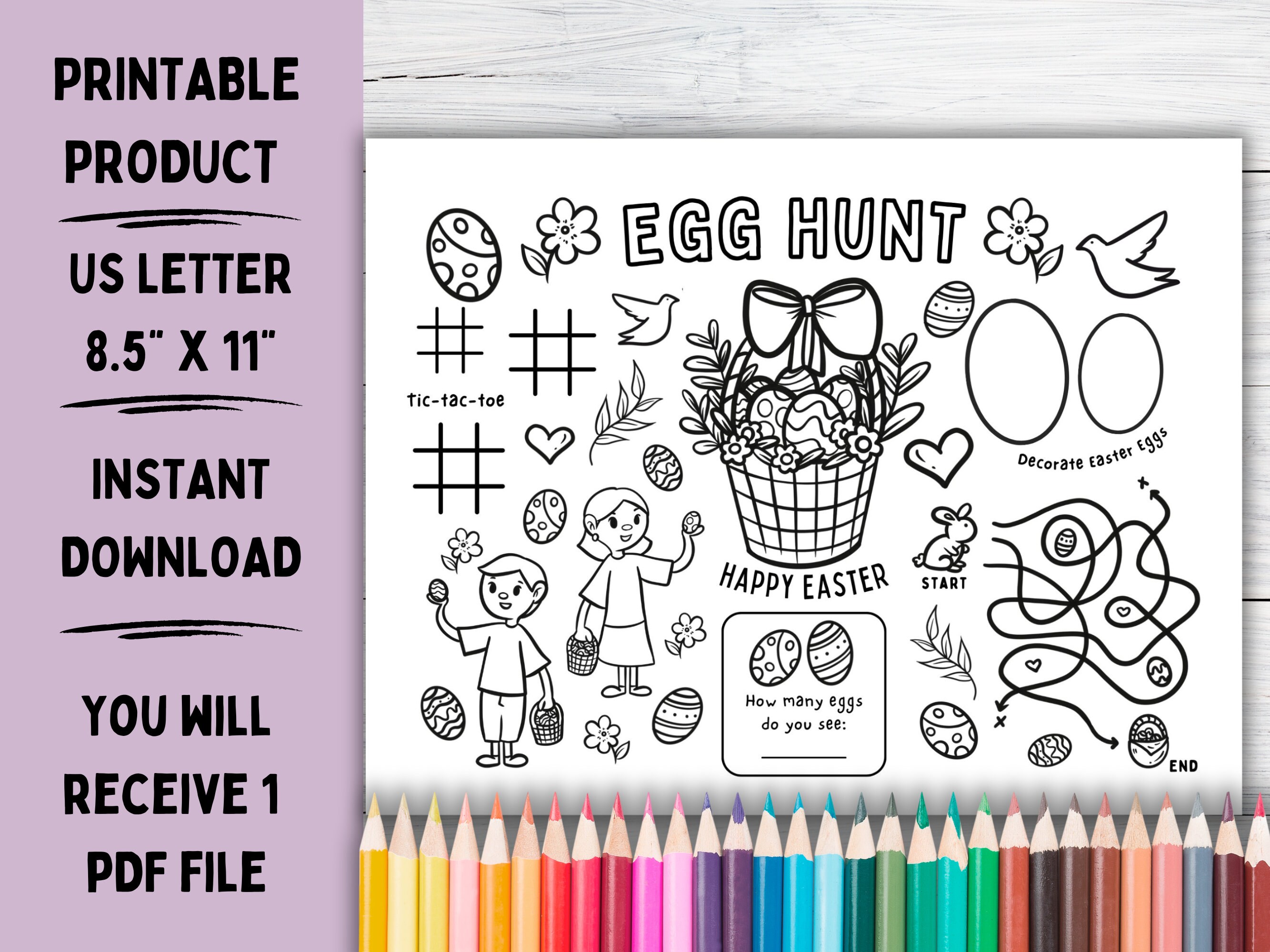 Easter Coloring Placemat Printable | Egg Hunt Coloring Page for Kids ...
