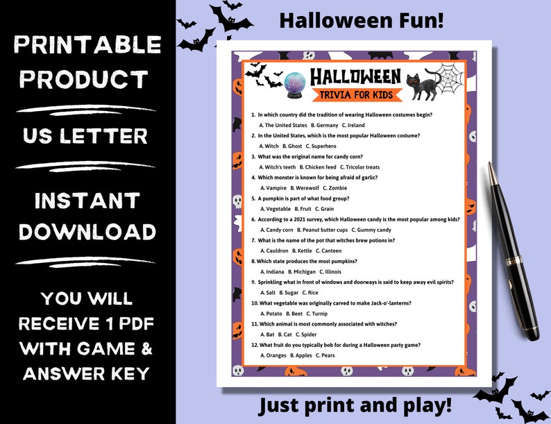Halloween Trivia Game for Kids | Printable Halloween Questions Quiz for ...