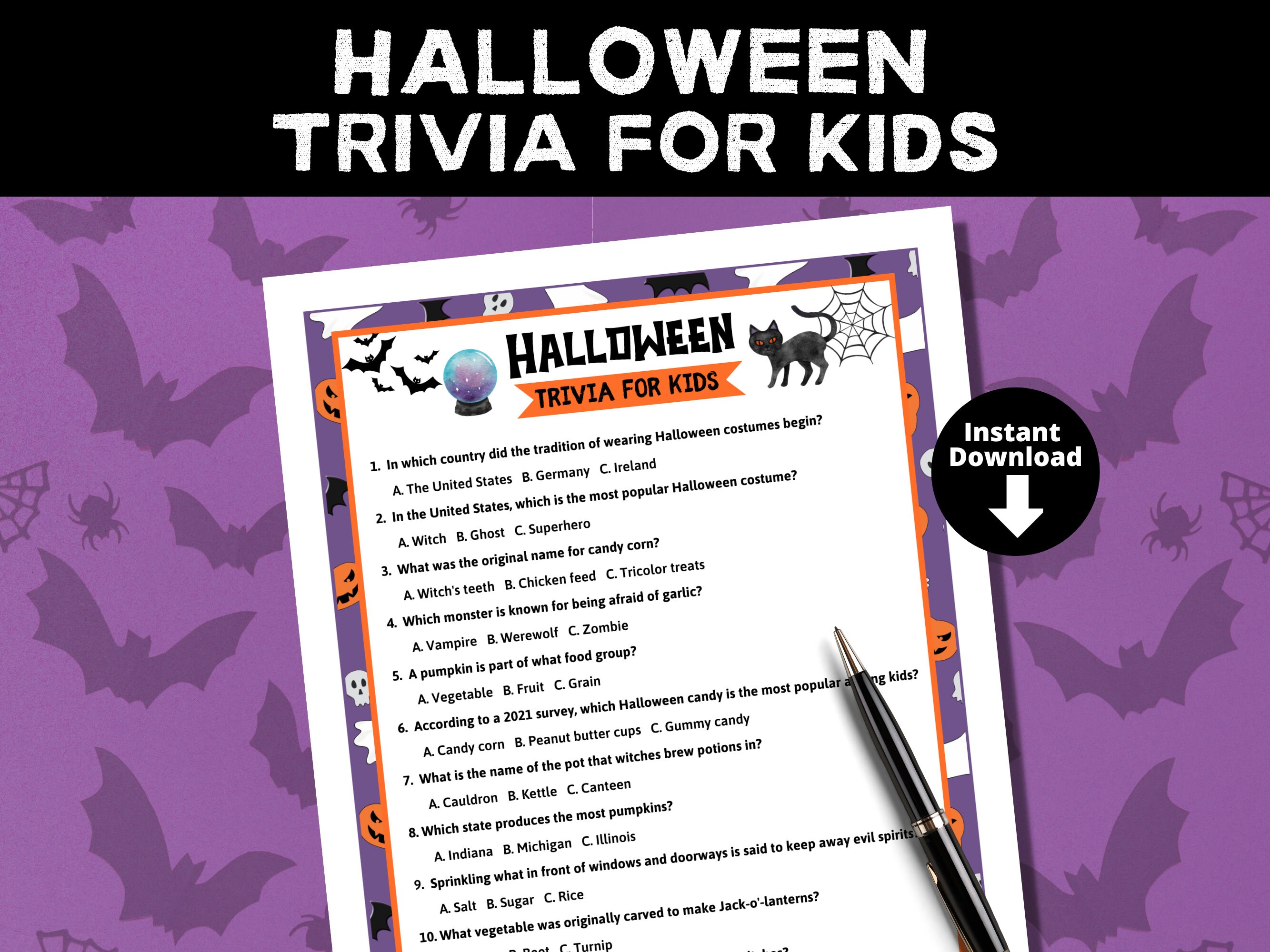 Halloween Trivia Game for Kids | Printable Halloween Questions Quiz for ...