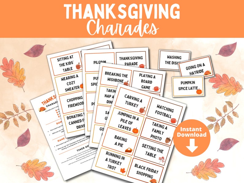 Thanksgiving Charades Printable Fall Party Game Family Game Night Kids ...