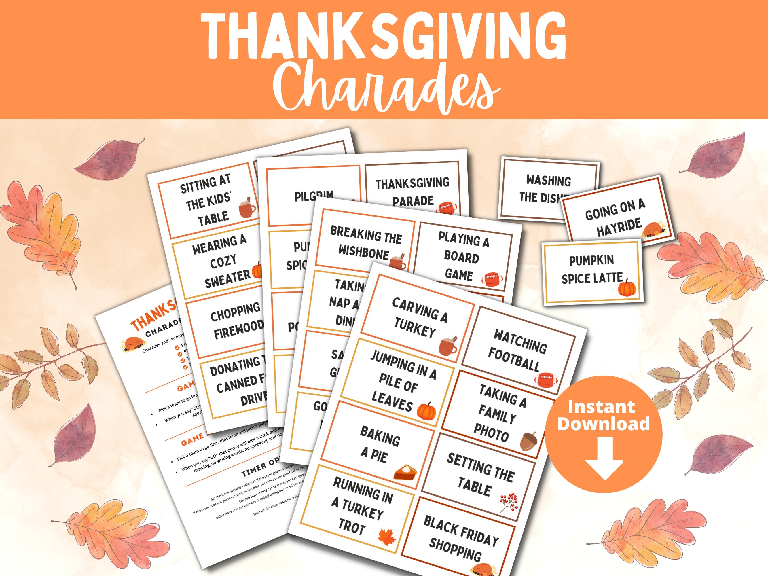 Thanksgiving Charades Printable | Fall Party Game | Family Game Night ...