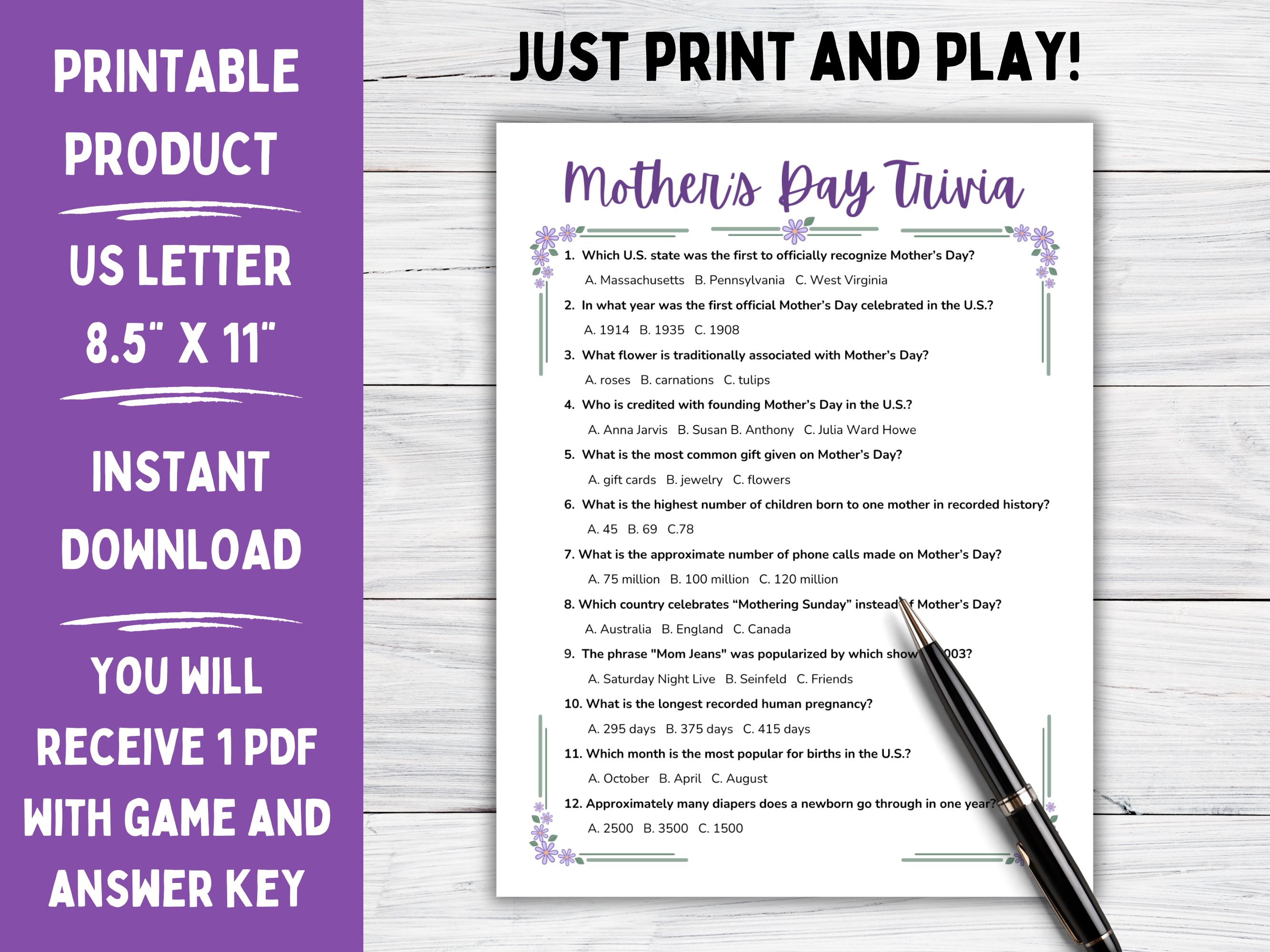 Mothers Day Trivia Game, Printable Multiple Choice Questions With ...