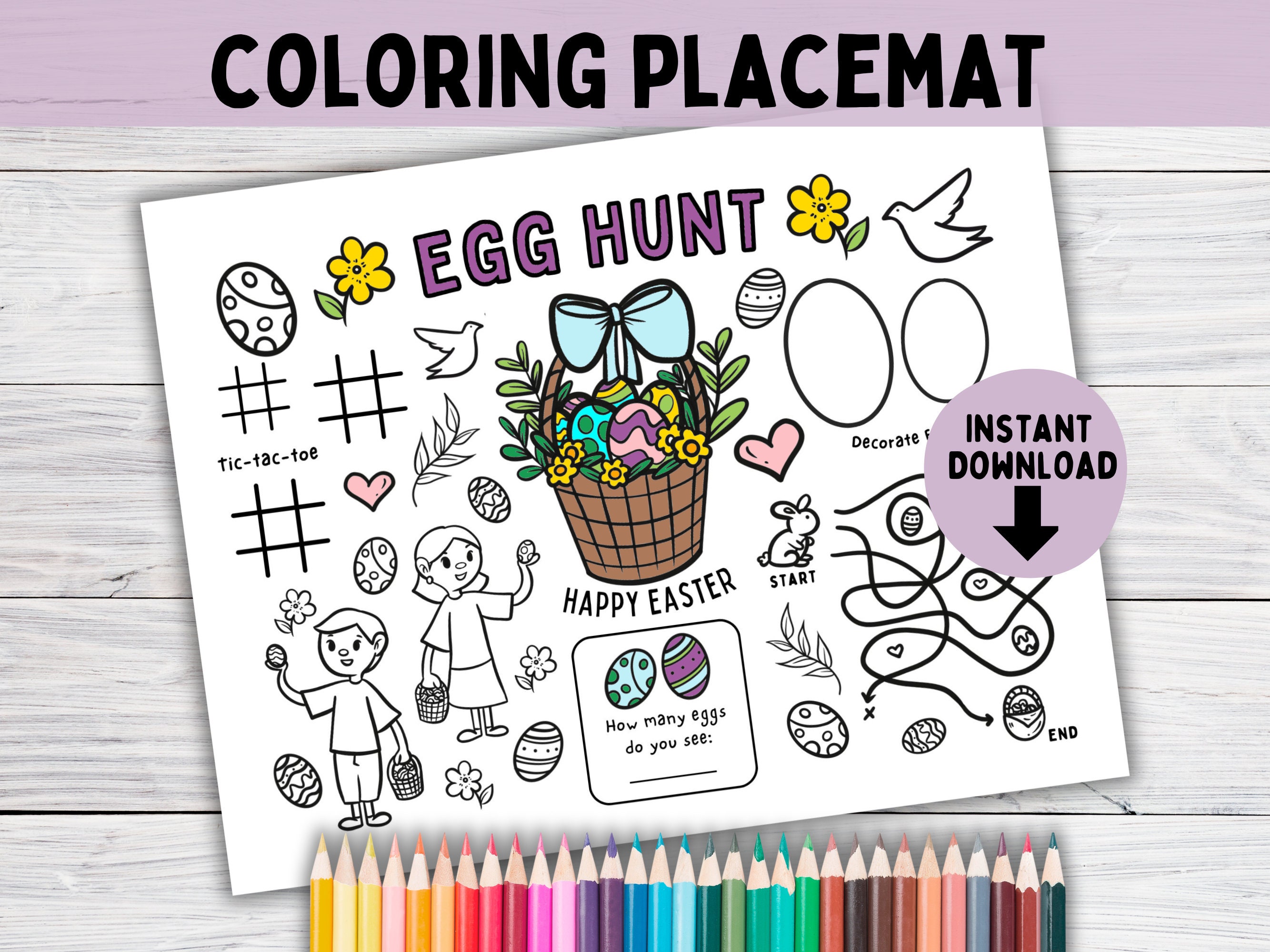 Easter Coloring Placemat Printable | Egg Hunt Coloring Page for Kids ...