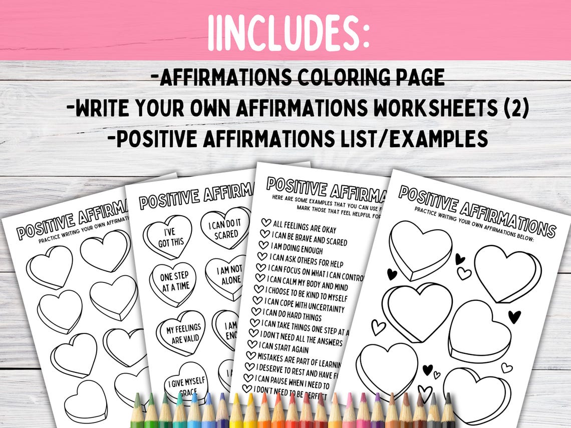 Positive Affirmations Worksheet for Kids and Teens, Art Play Therapy ...