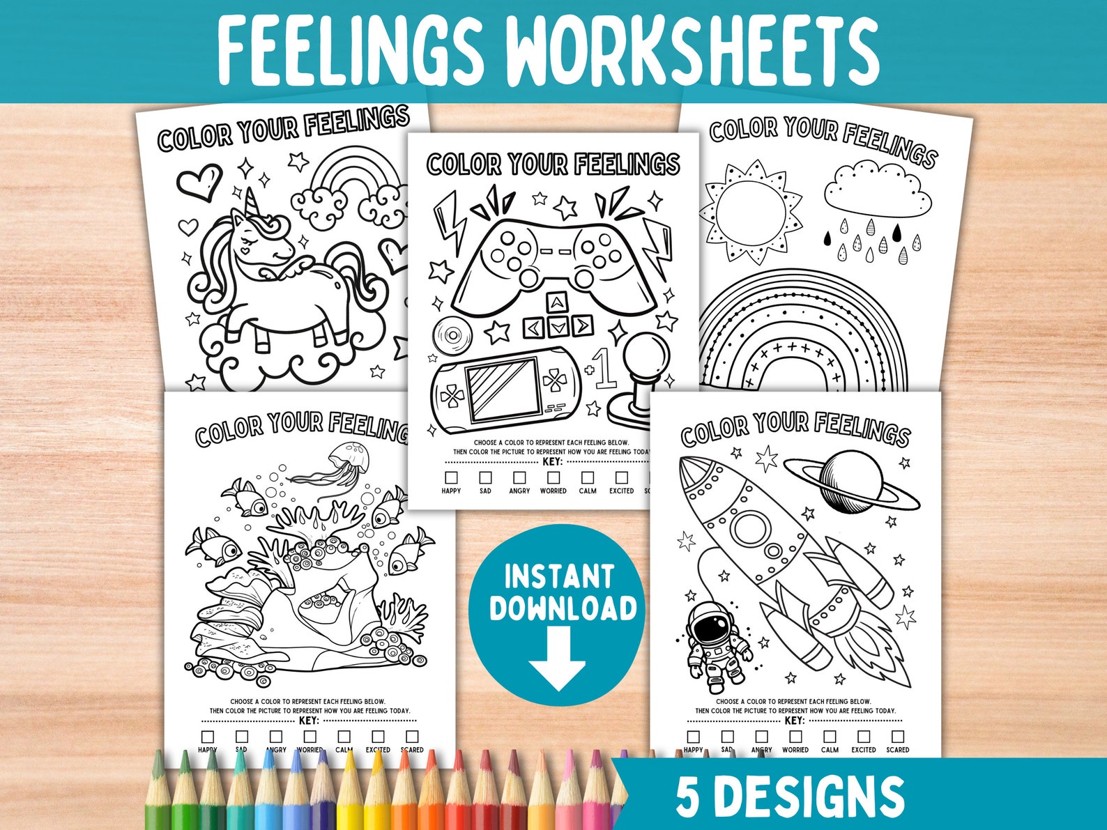 Feelings Coloring Page BUNDLE for Kids | Emotions Check-in Therapy ...