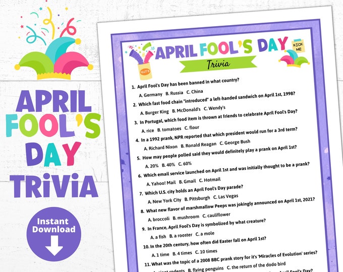 April Fool's Day Trivia Game Printable, April Fools Party Idea, April ...