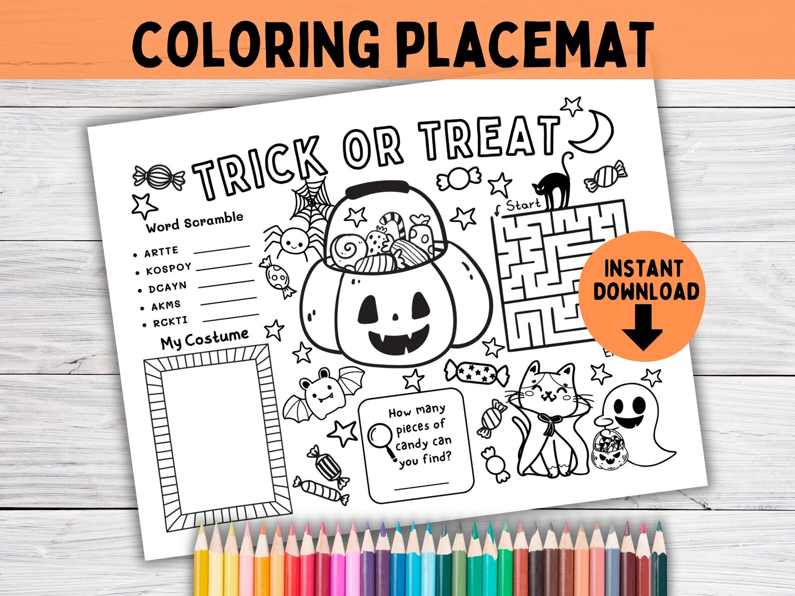 Cute Halloween Coloring Placemat Printable | Birthday Party Activity ...