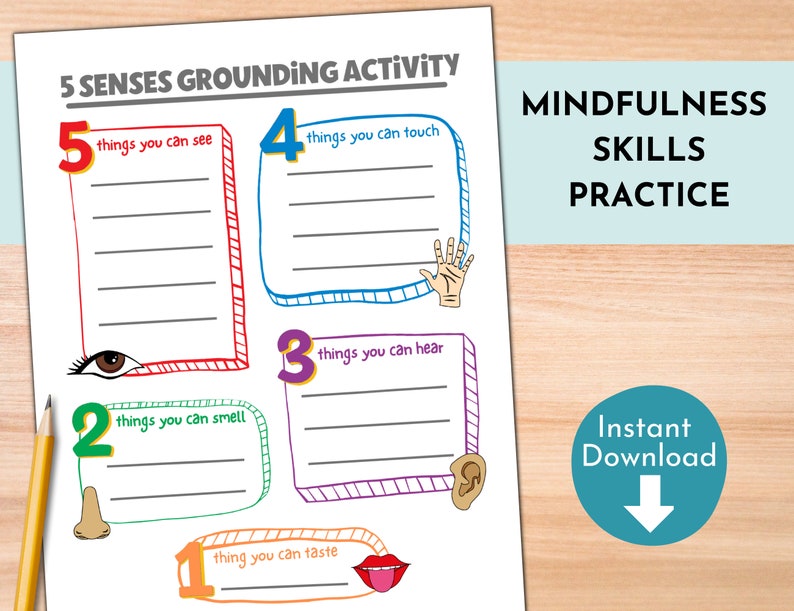 Mindfulness Worksheet for Kids and Teens | 5 Senses Grounding Activity ...