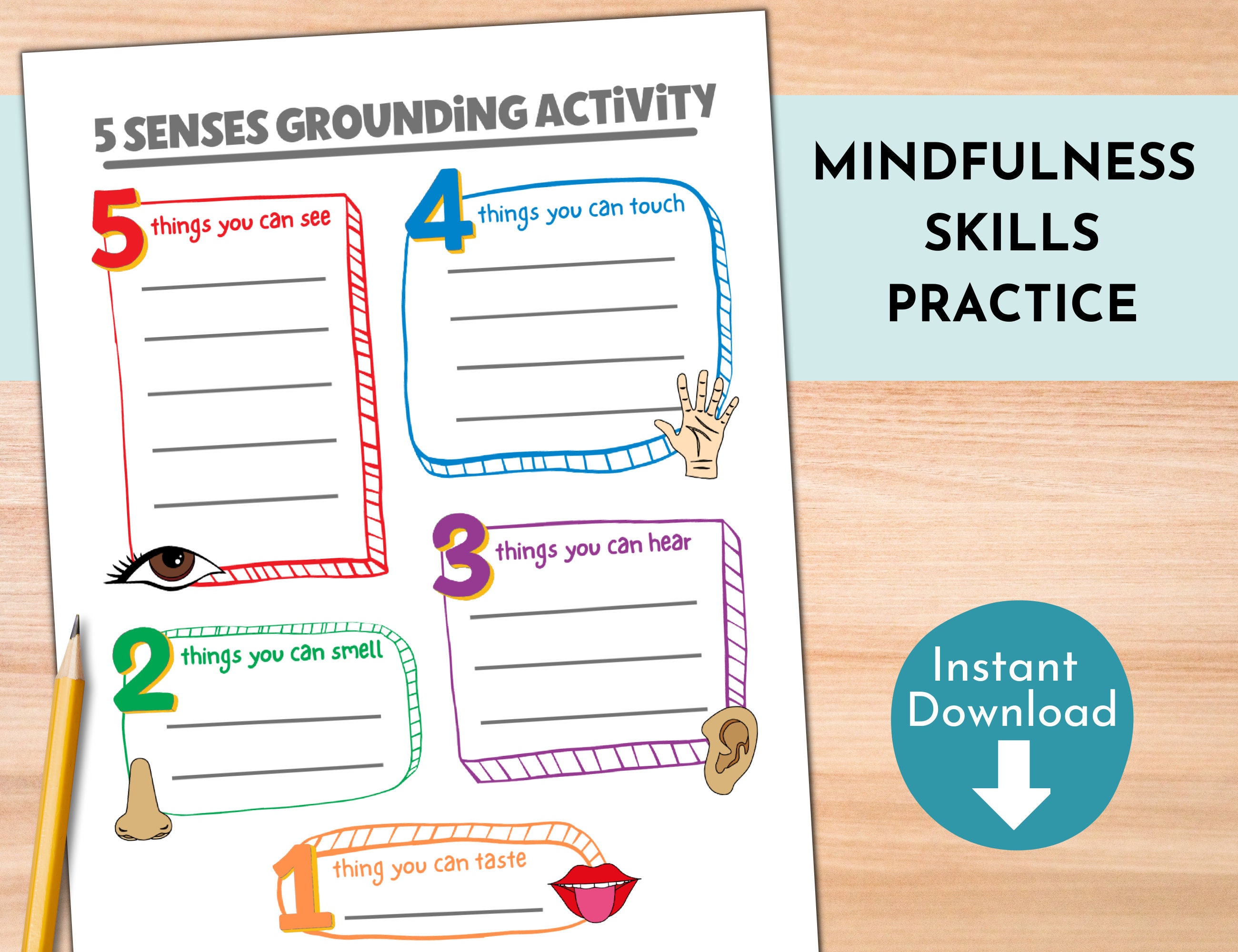 Mindfulness Worksheet for Kids and Teens | 5 Senses Grounding Activity ...