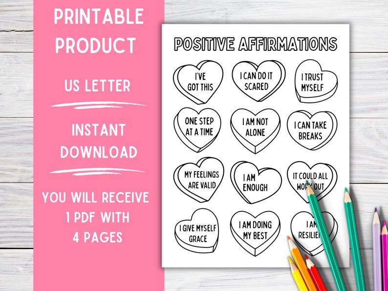 Positive Affirmations Worksheet for Kids and Teens, Art Play Therapy ...