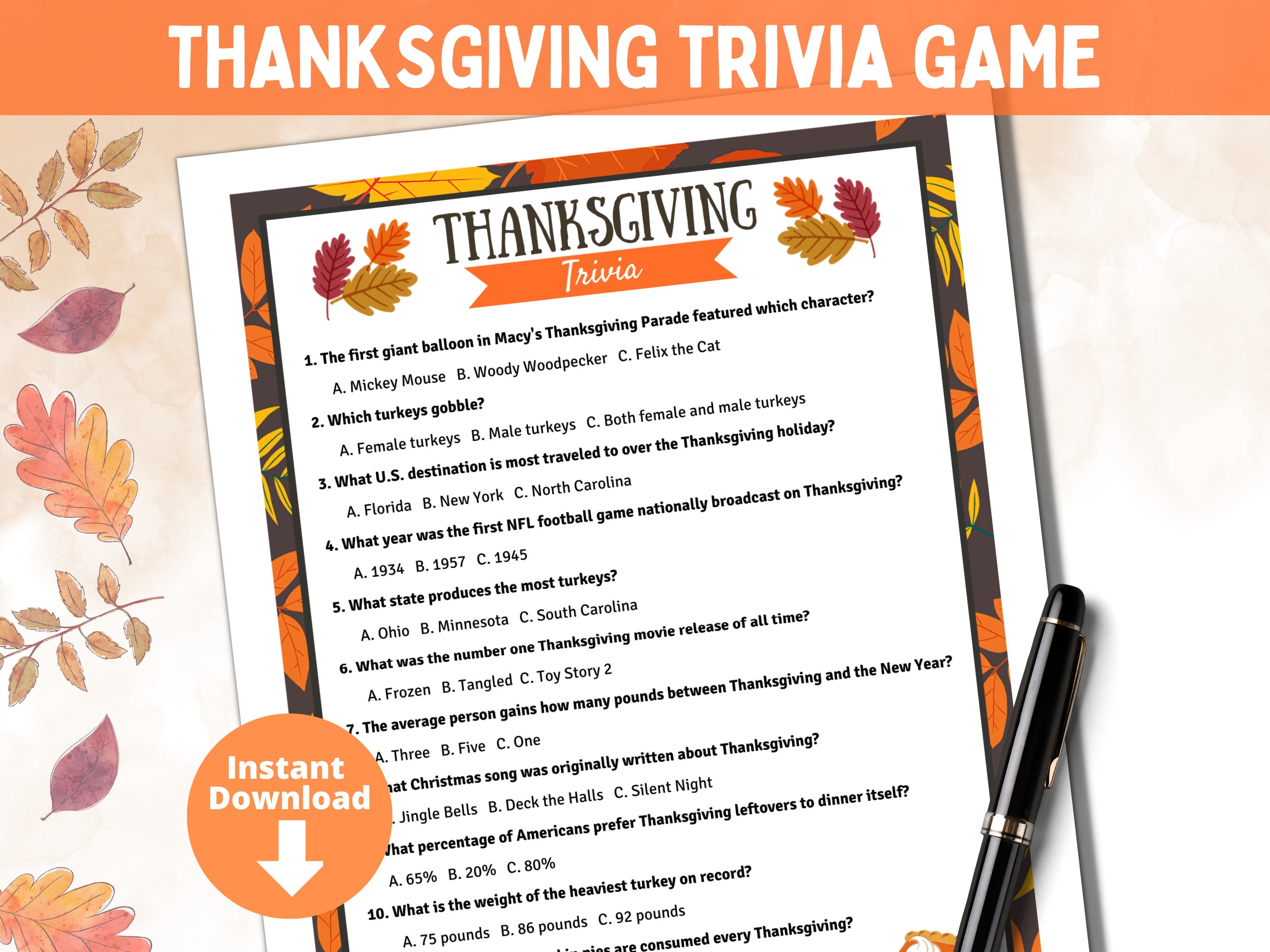 Thanksgiving Trivia Game Multiple Choice With Answer Key Printable ...