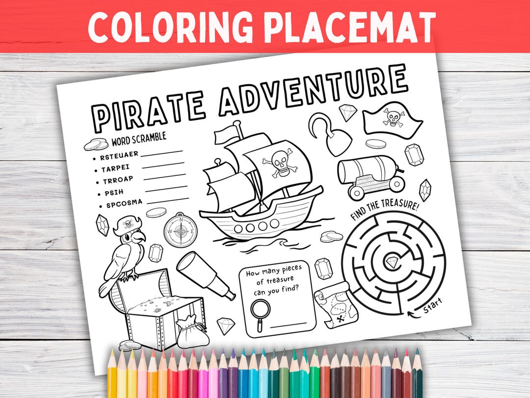 Pirate Coloring Placemat Printable, Summer Vacation Coloring Page for ...
