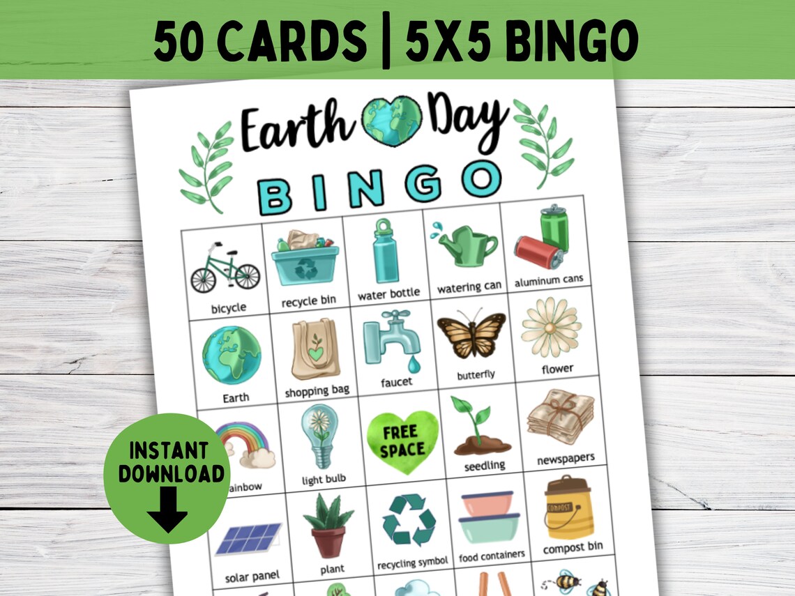 Earth Day BINGO Card for Kids and Teens, 50 Cards and Markers, Earth ...