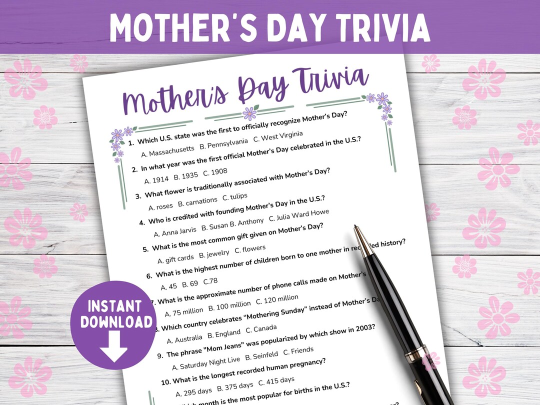 Mothers Day Trivia Game, Printable Multiple Choice Questions With ...