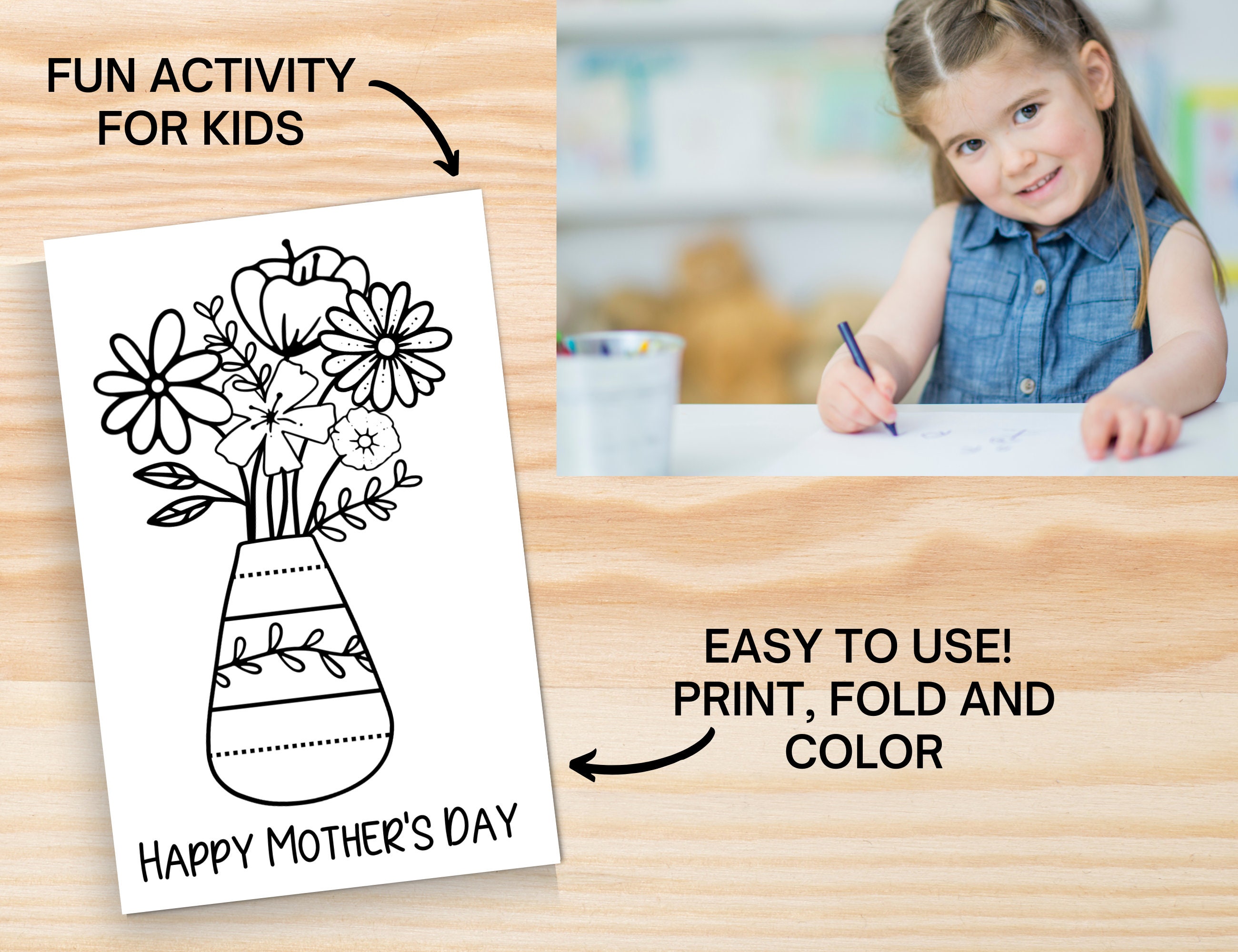 Printable Mother's Day Flower Coloring Card Kids Art Craft Floral ...