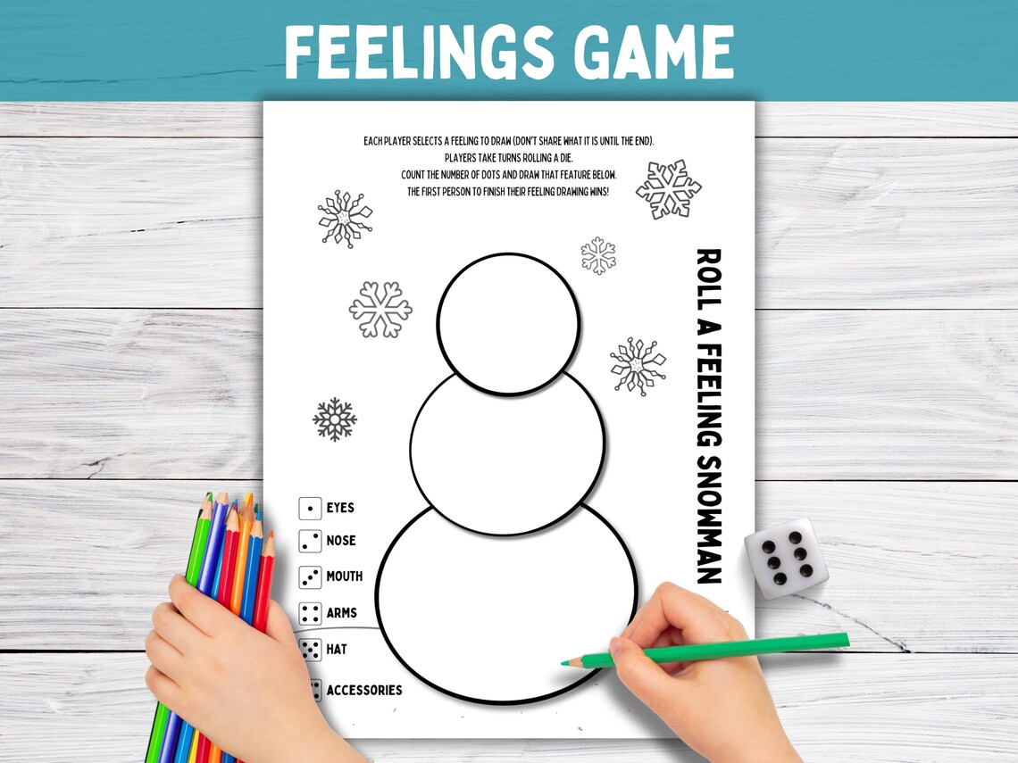 Snowman Feelings Therapy Game for Kids, Dice Emotions Activity, Winter ...