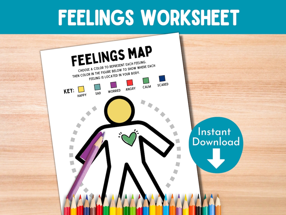 Mental Health Feelings Map Worksheet for Kids| Mapping Emotions on Body ...