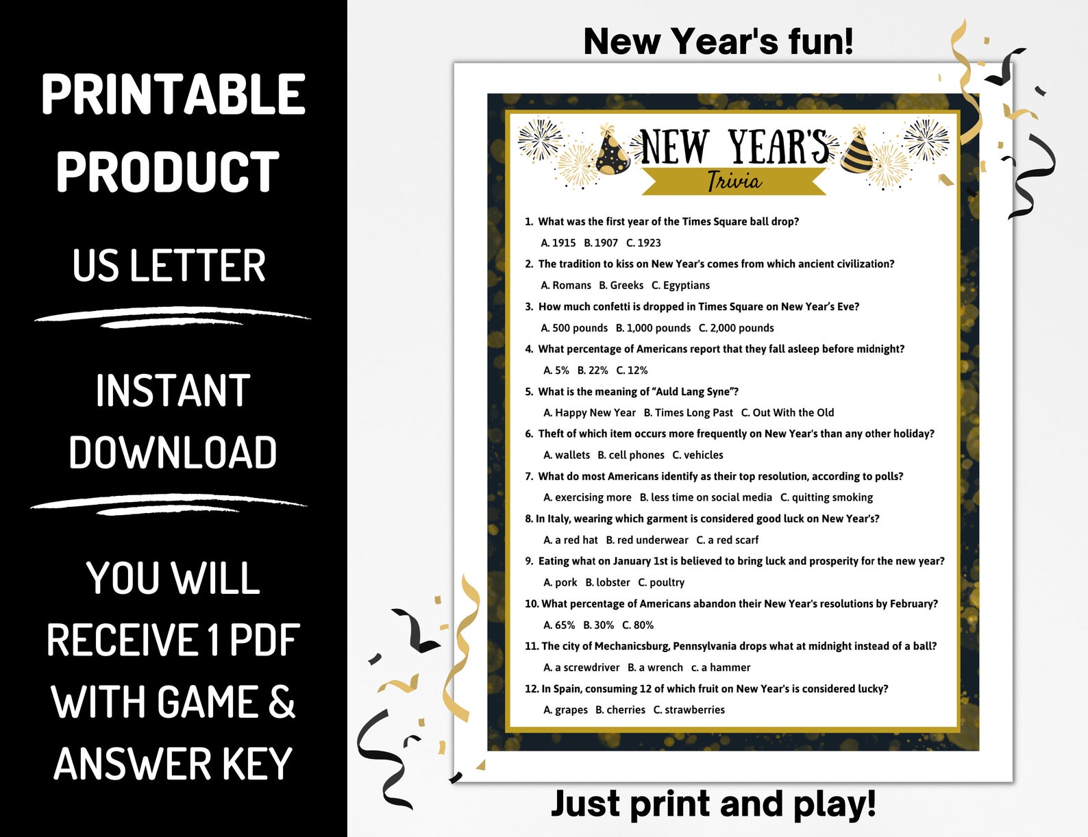 New Year's Trivia Game | New Years Eve Party Printable Games | NYE ...